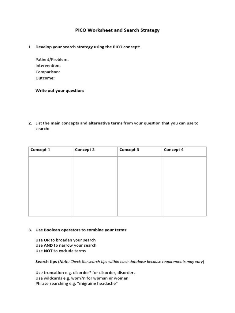 PICO Worksheet and Search Strategy | PDF