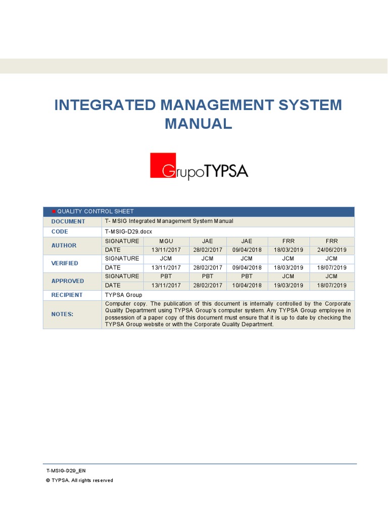 Integrated Management System Manual: Quality Control Sheet | PDF | Iso ...