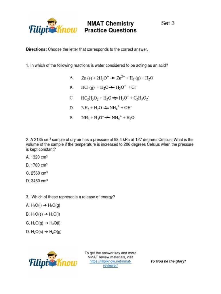 NMAT Chemistry Practice Questions Set 3 | PDF | Mole (Unit) | Gases