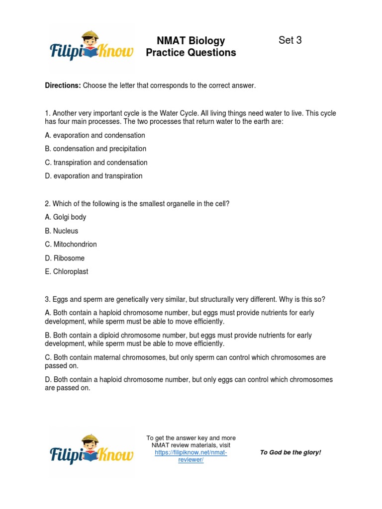 NMAT Biology Practice Questions Set 3 | PDF | Meiosis | Ploidy