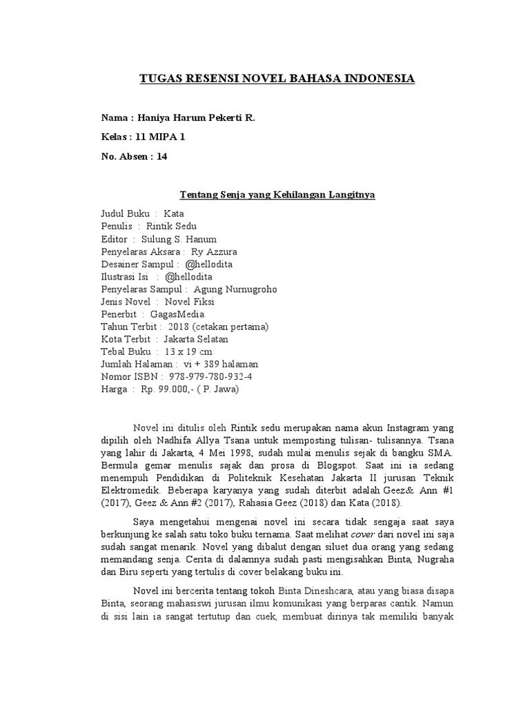 Tugas Resensi Novel Bahasa Indonesia | PDF
