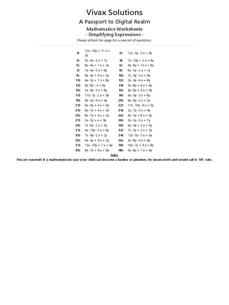 Algebra Expressions - Year 8 Math Worksheets - Vivax Solutions2 ...