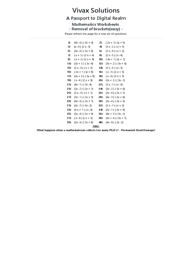 Algebra Worksheets - Expanding Brackets - Year 8 Math Worksheets ...
