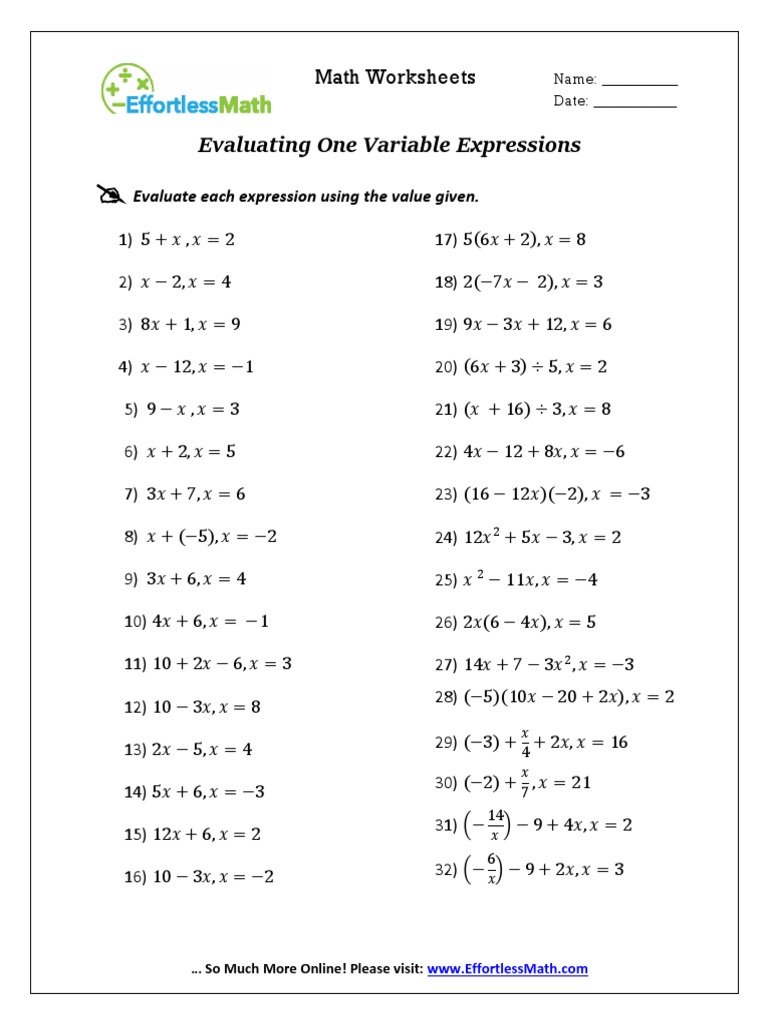 Evaluating One Variable Expressions Evaluate Each Expression Using The