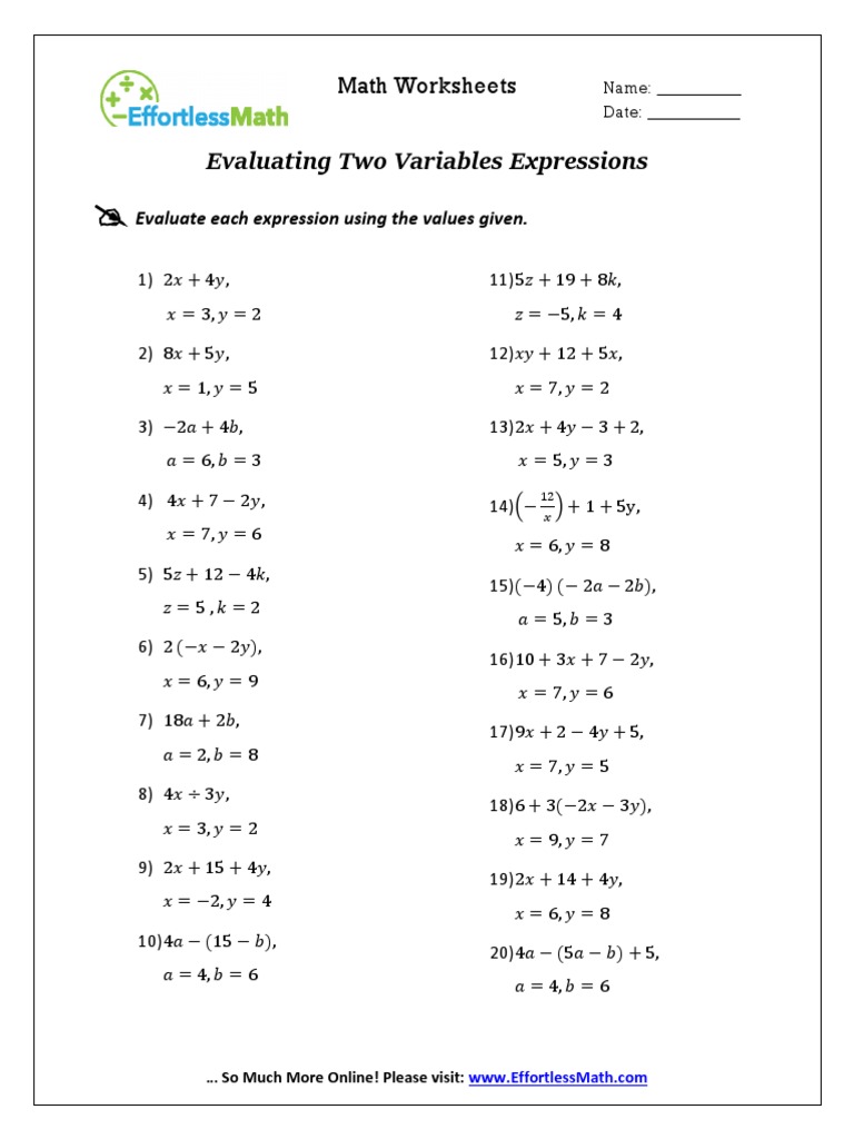 Two Variable Expression Worksheets | PDF | Teaching Mathematics | Business