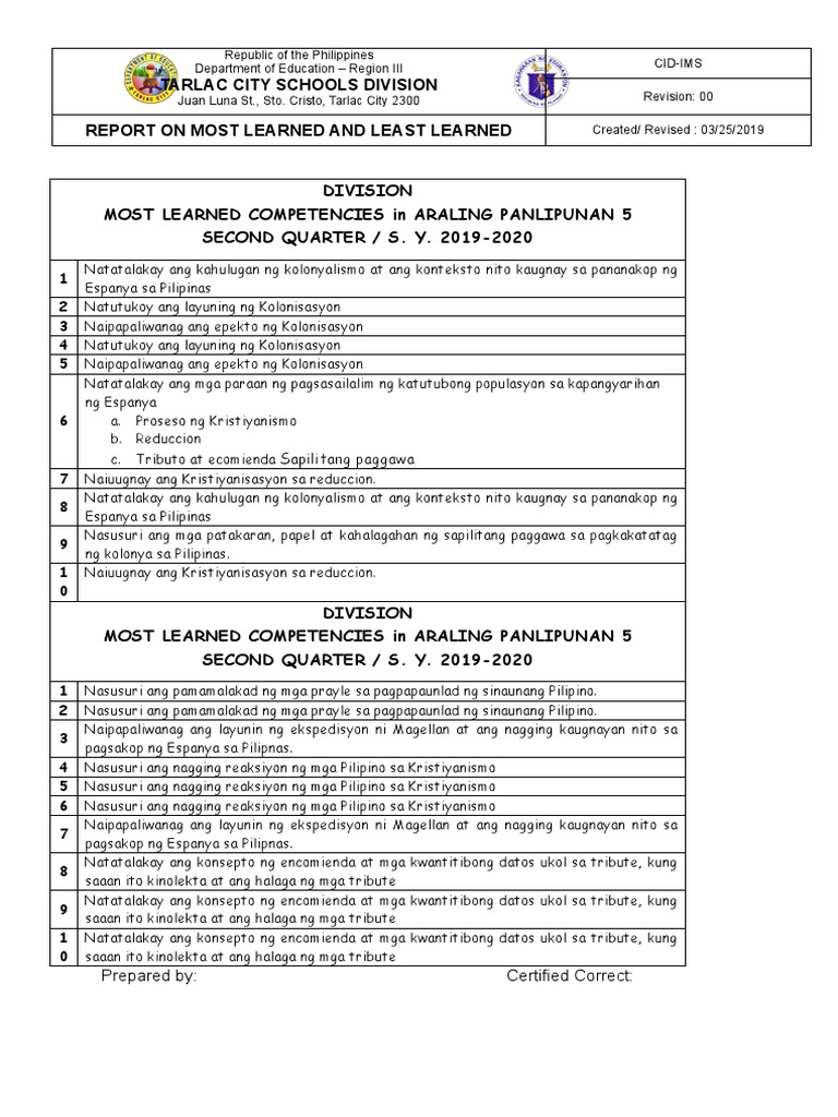 Most and Least Learned Araling Panlipunan 5 | PDF Most and Least Learned Araling Panlipunan 5 | PDF