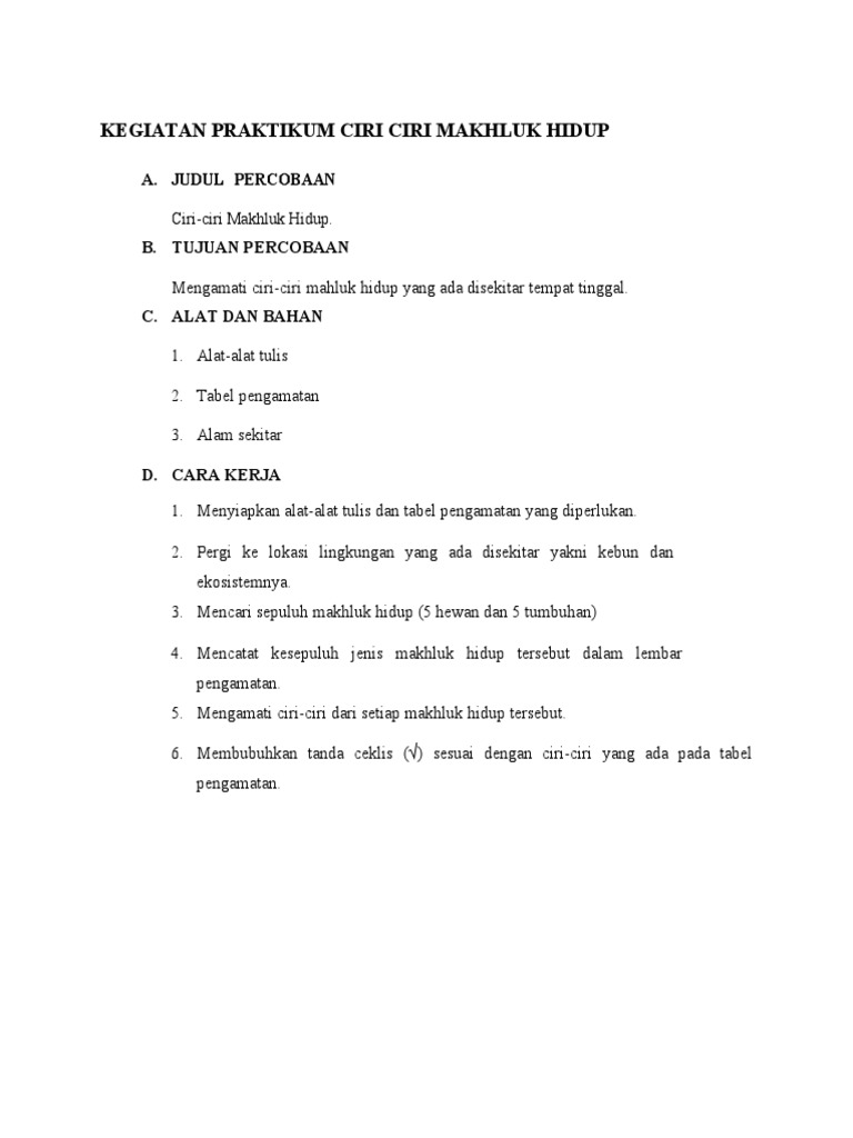 Kegiatan Praktikum Ciri Ciri Makhluk Hidup | PDF Kegiatan Praktikum Ciri Ciri Makhluk Hidup | PDF