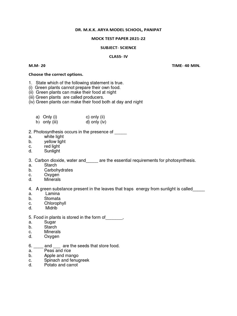 Mock Test Paper Class 4 | Download Free PDF | Leaf | Photosynthesis