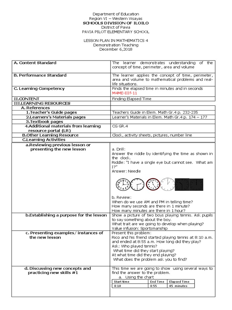 Cot q3 Elapsed Time | PDF | Learning | Teachers
