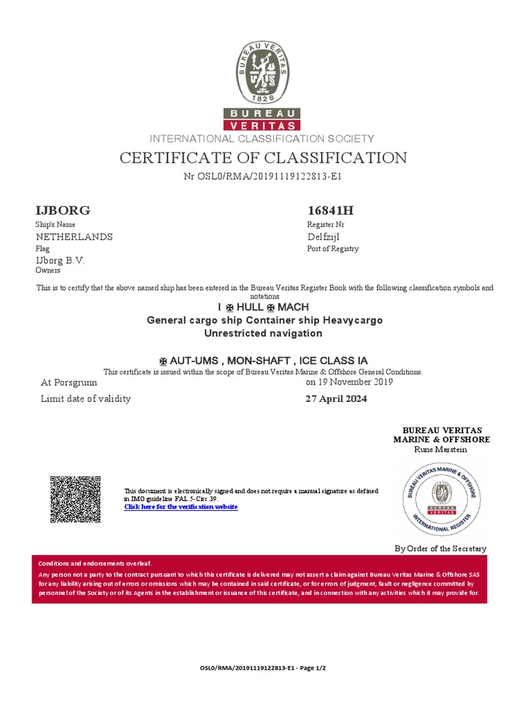 Certificate of Classification: Ijborg 16841H | PDF | Water Transport ...