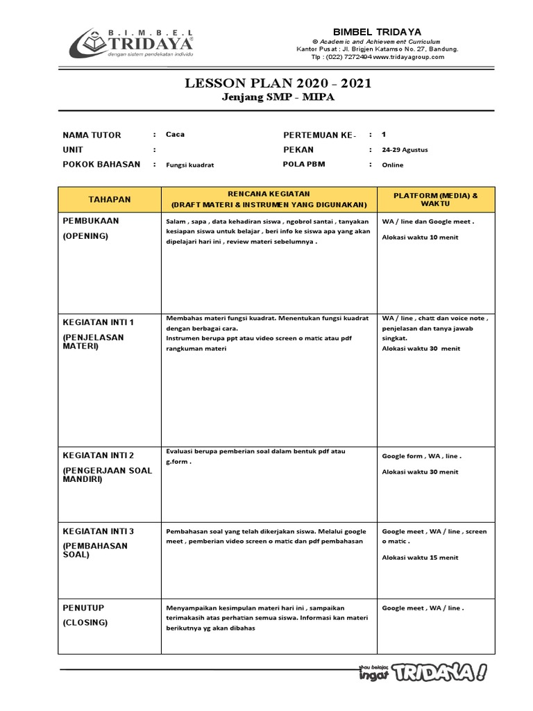 LESSON PLAN 2020-2021 - Matematika - Kelas 9 - Fungsi Kuadrat 2 | PDF