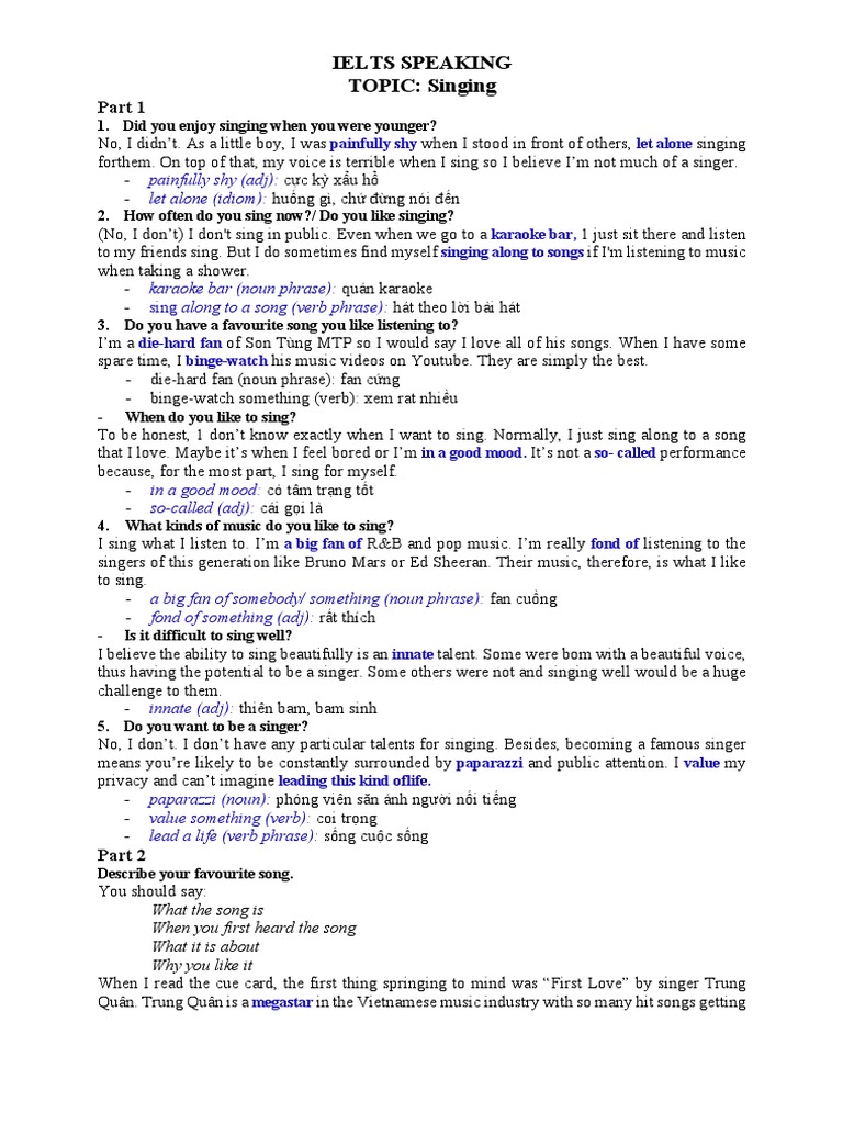 Ielts Speaking TOPIC: Singing: Sing Along To A Song (Verb Phrase) | PDF ...