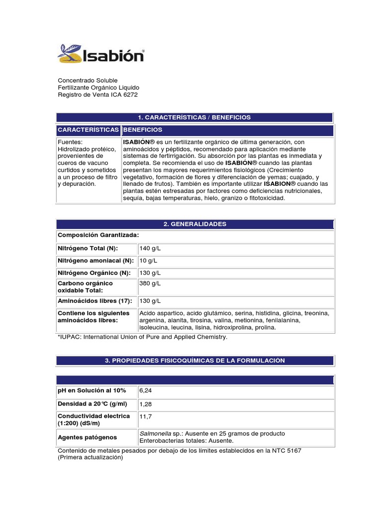 Ficha Tecnica Isabion | PDF | Aminoácidos | Fertilizante