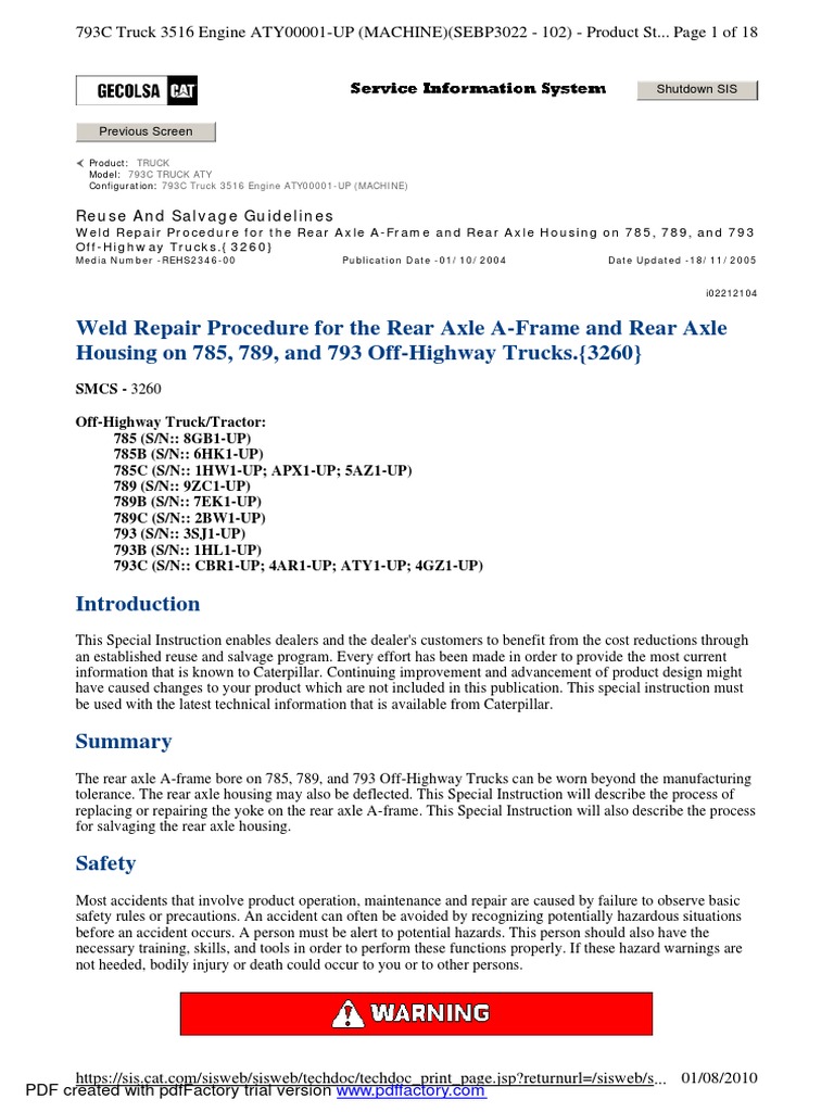 Weld Repair Procedure For The Rear Axle A-Frame and Rear Axle Housing ...