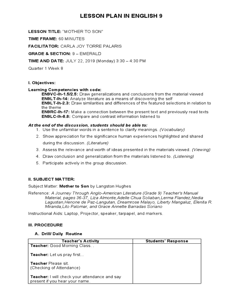 Grade 9 English Lesson: Mother to Son | PDF | Rubric (Academic) | Courage