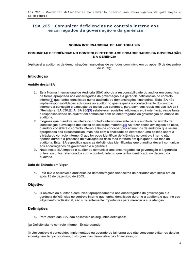 ISA 265 - Comunicar Deficiências No Controlo Interno Aos Encarregados ...