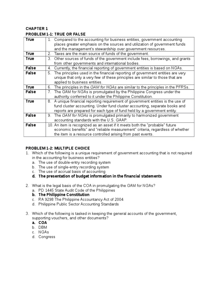 Problem 1 1 True Or False True PDF Financial Statement Budget