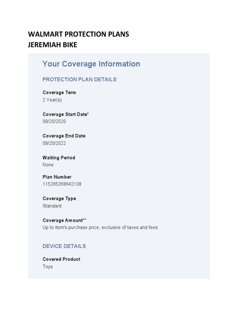 Walmart Protection Plans Jeremiah Bike: Your Coverage Information | PDF ...