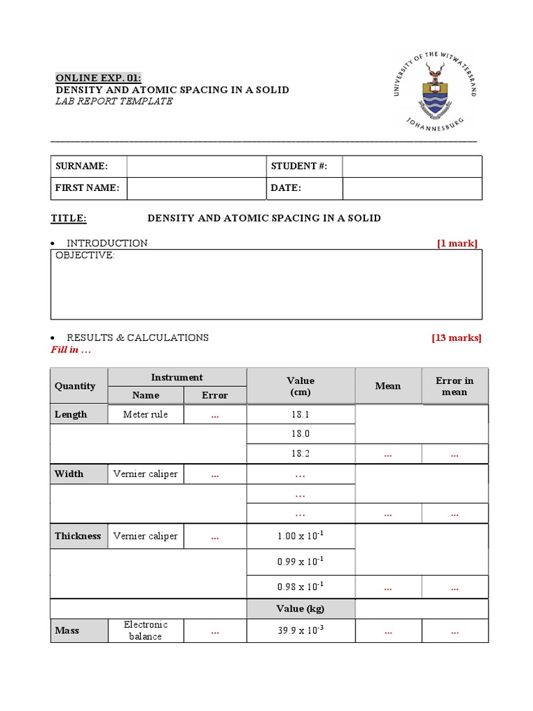 Online Exp01 - Density & Atomic Spacing - Lab Report Template-2 | PDF ...