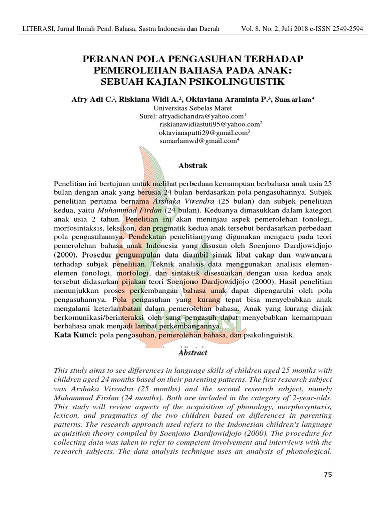 Peranan Pola Pengasuhan Terhadap Pemerolehan Bahasa Pada Anak: Sebuah Kajian Psikolinguistik | PDF