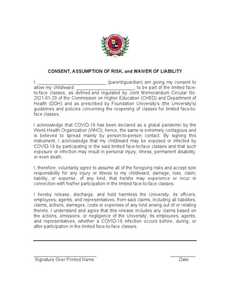 CONSENT Assumption of Risk and Waiver of Liability | PDF