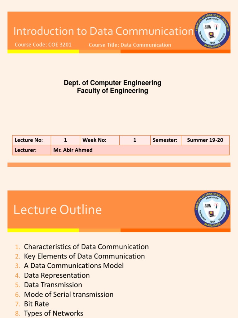 Introduction To Data Communication: Dept. of Computer Engineering ...