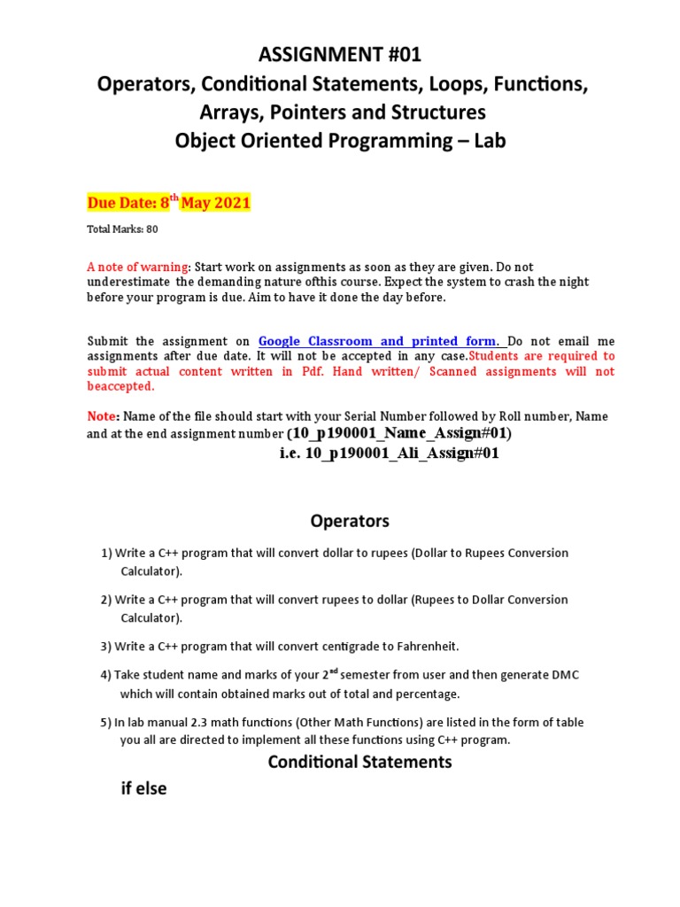 Assignment #01 Operators, Conditional Statements, Loops, Functions, Arrays, Pointers and ...
