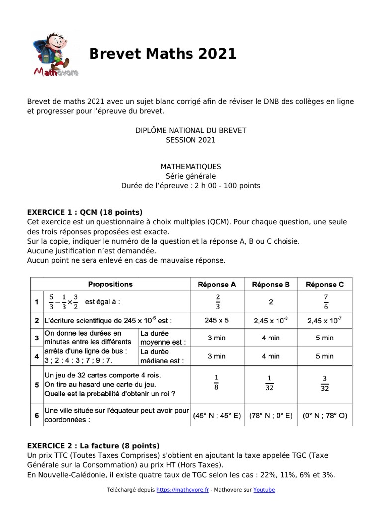 Brevet Maths 2021 Sujet Corrige Blanc Pour La Revision Du DNB | PDF ...