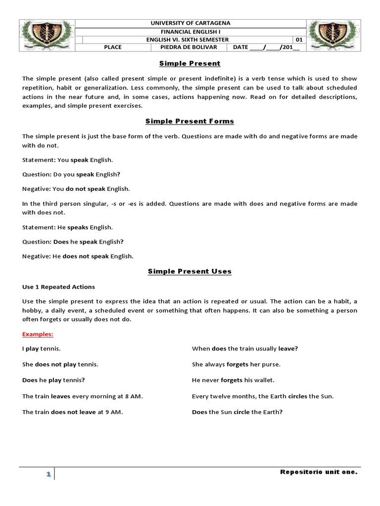 Lecturas Principales. Present Simple Tense. | PDF | Verb | Linguistic Typology