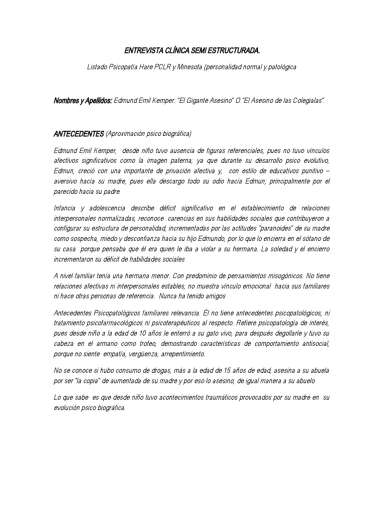 Entrevista Clínica Semi Estructurada | PDF | Psicopatía | Las emociones