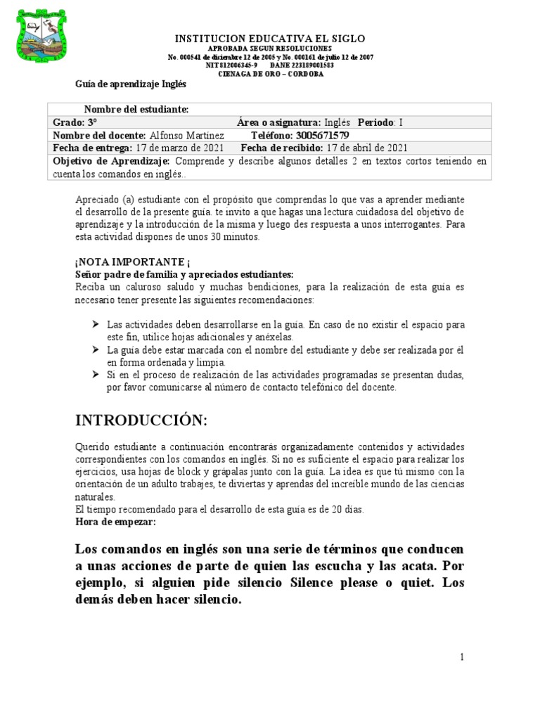 Guía de Aprendizaje Grado 3° Inglés LLN 2 Comandos | PDF | Aprendizaje