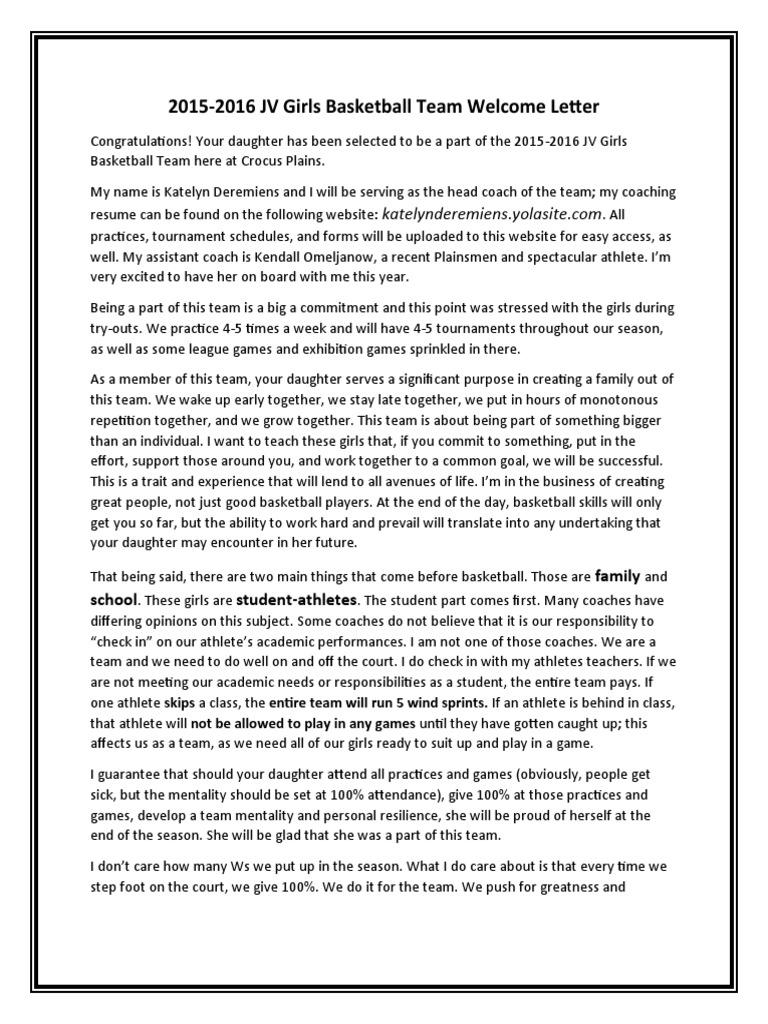 JV Girls Basketball Team Welcome Letter | PDF | Sports & Recreation