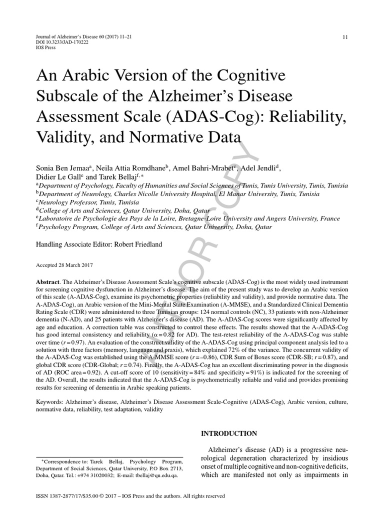 An Arabic Version of The Cognitive Subscale of The Alzheimer's Disease ...