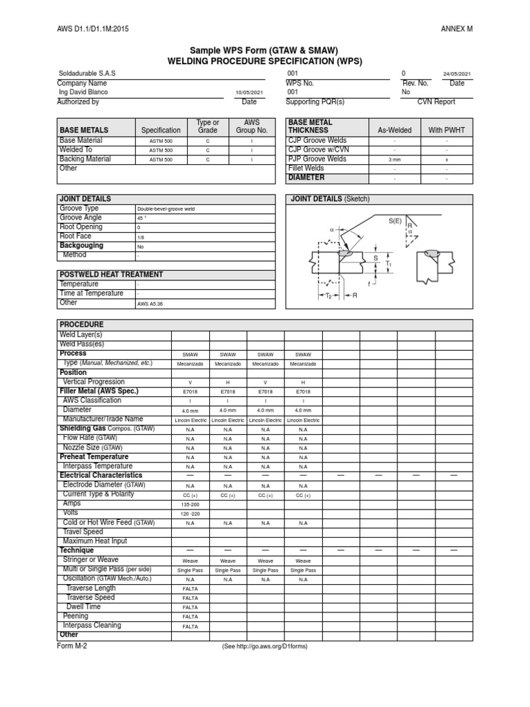 Sample WPS Form (GTAW & SMAW) Welding Procedure Specification (WPS ...