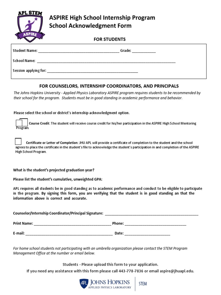 ASPIRE High School Internship Program School Acknowledgment Form | PDF