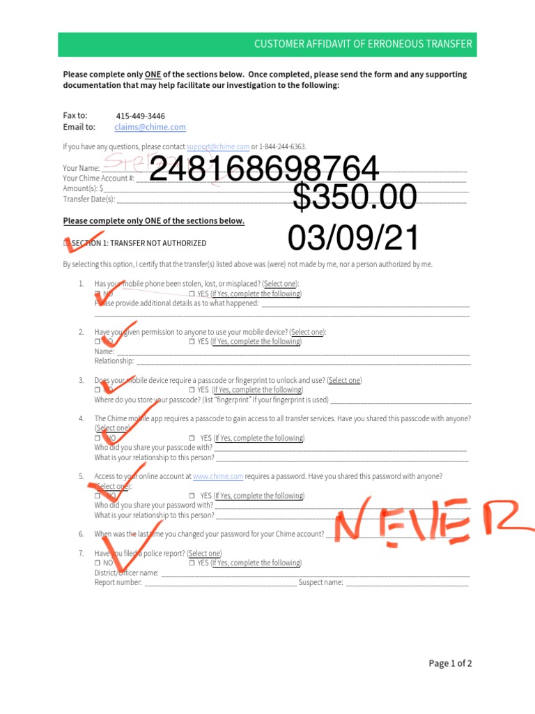 Customer Affidavit of Erroneous Transfer: Fax To: Email To: 415-449 ...