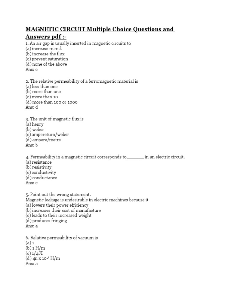 MAGNETIC CIRCUIT Multiple Choice Questions and Answers PDF | PDF ...