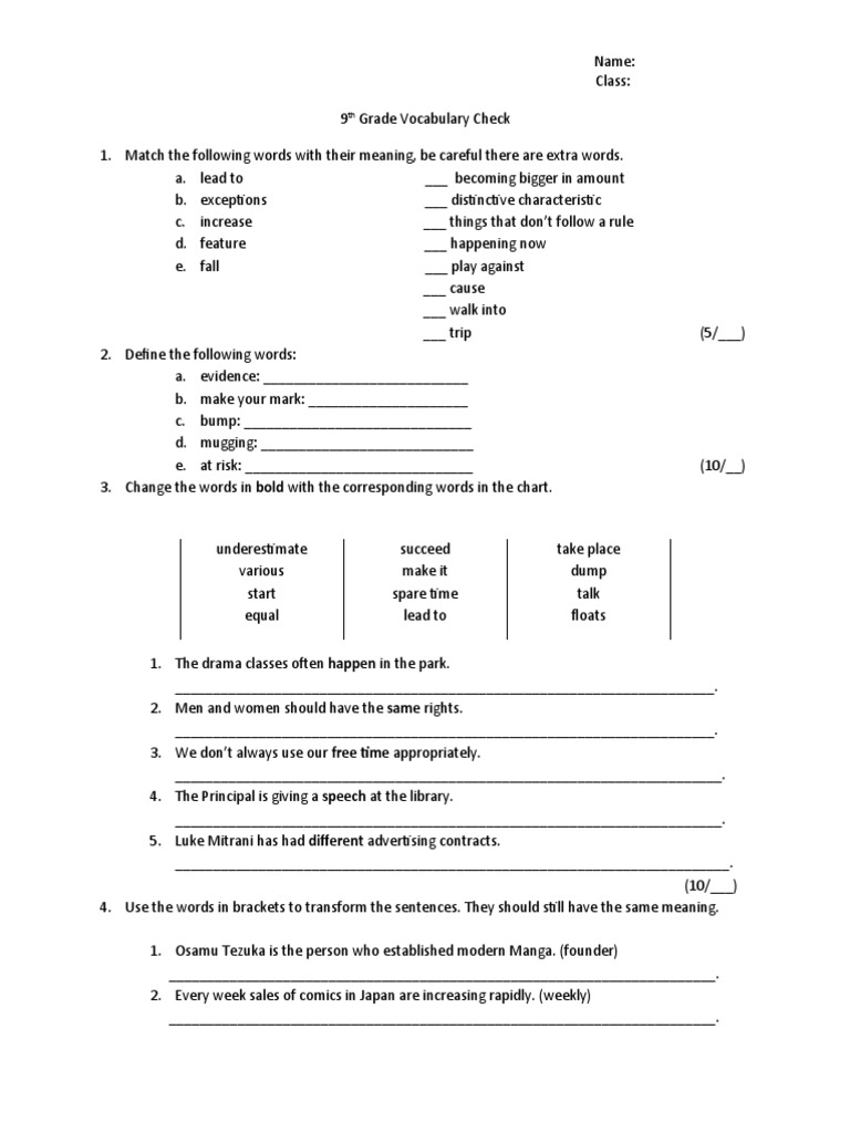 9th Grade Vocabulary Check | PDF | Manga