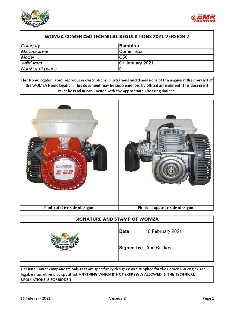 Womza Comer C50 Technical Regulations 2021 Version 2: Category Manufacturer Model Valid From ...