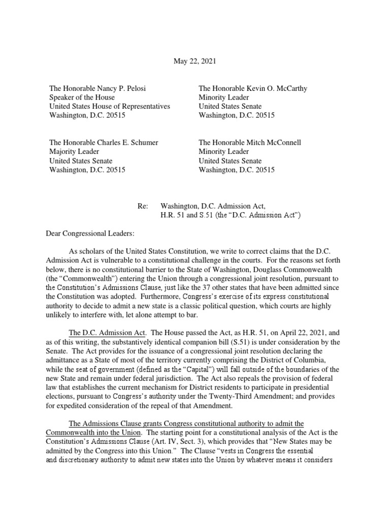 Letter To Congressional Leaders On Constitutionality of Statehood For ...