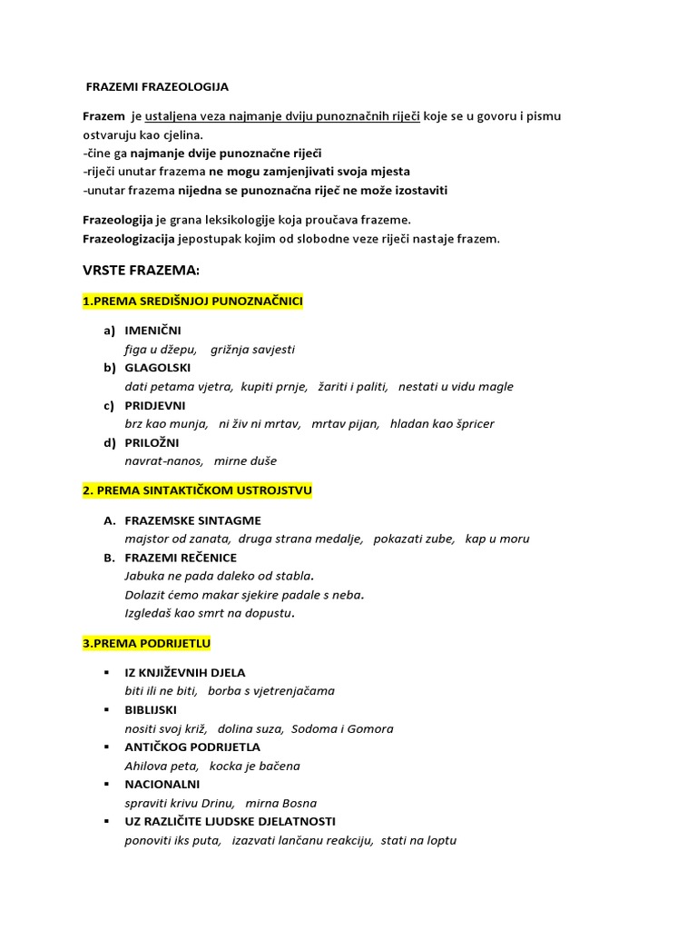 Frazemi Frazeologija Jezični Purizam I Jezično Posuđivanje Onomastika | PDF