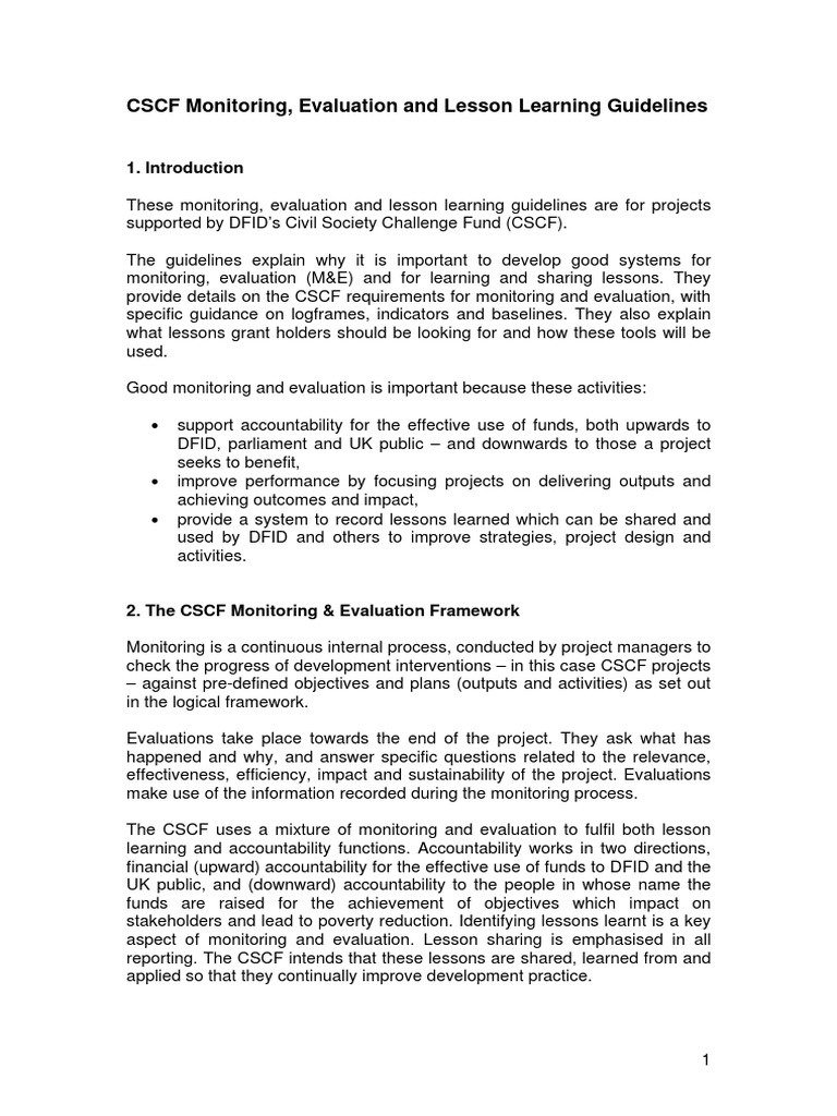 Monitoring, Evaluation and Lesson Learning Guidelines | PDF ...
