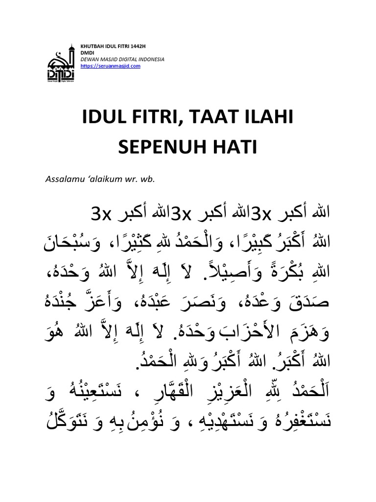 B Ind Khutbah Idul Fitri 1442H Idul Fitri Taat Ilahi Sepenuh Hati | PDF