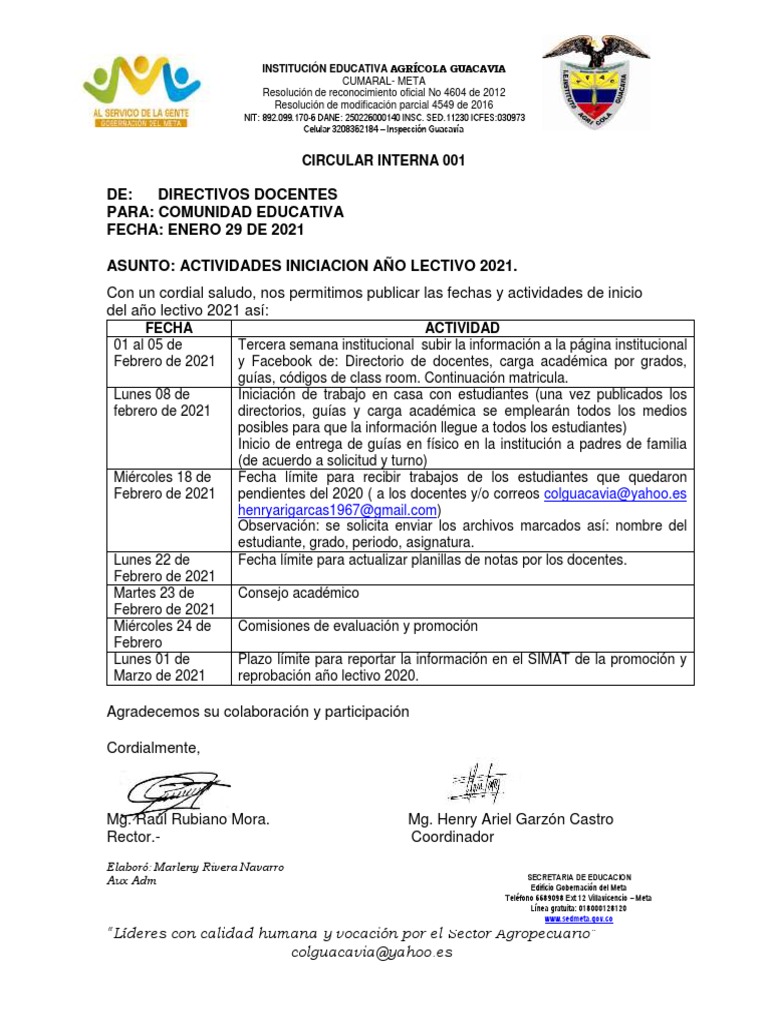 Circular Interna #001 Informe de Inicio de Actividades Año Lectivo 2021 | PDF