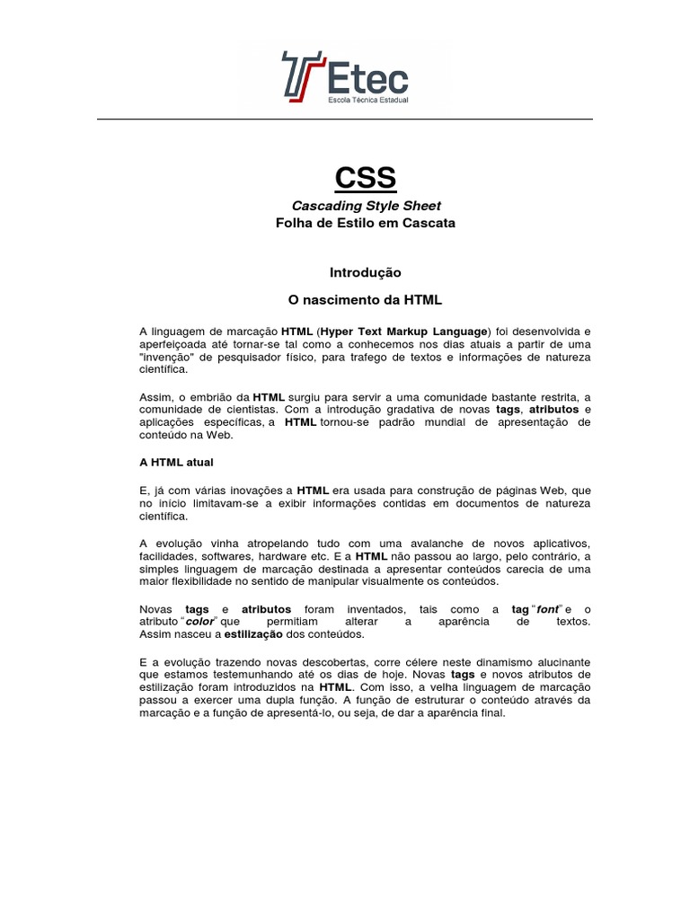 Apostila de CSS - (Introdução Ao CSS) | PDF | Html | Elemento HTML