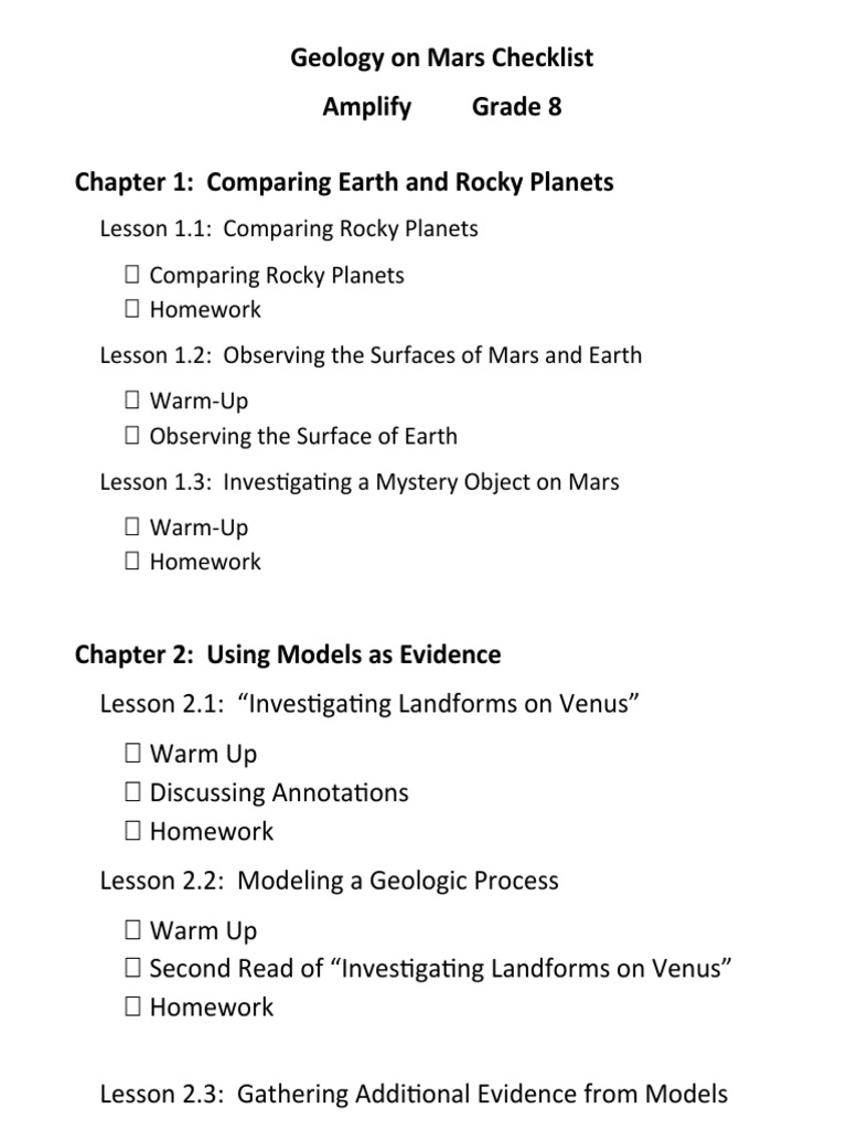Geology On Mars Checklist Amplify Grade 8 Chapter 1: Comparing Earth ...