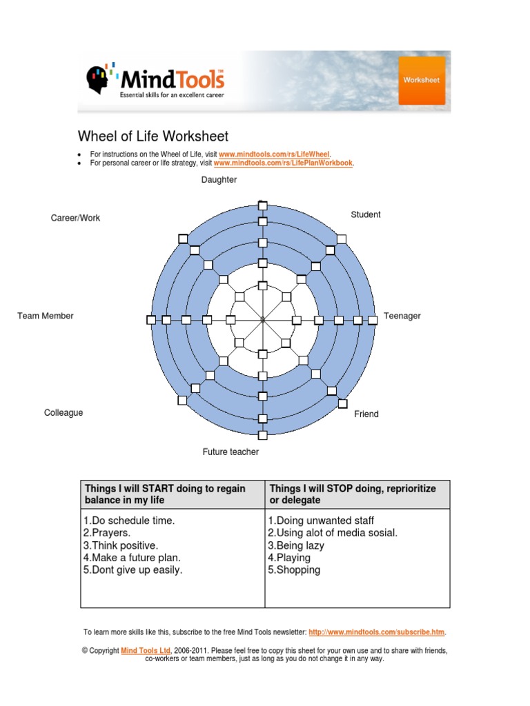 Wheel of Life Worksheet: Daughter | PDF | Behavior Modification | Teaching