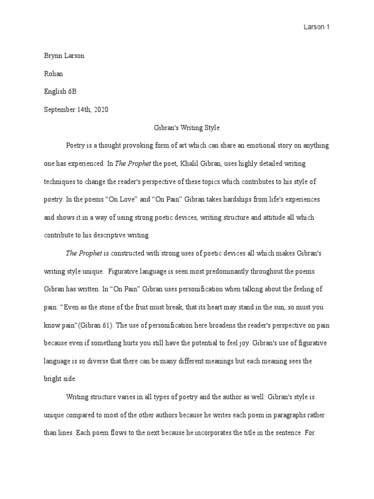 Brynn Larson - Evaluating Gibrans Writing Style | PDF | Kahlil Gibran ...