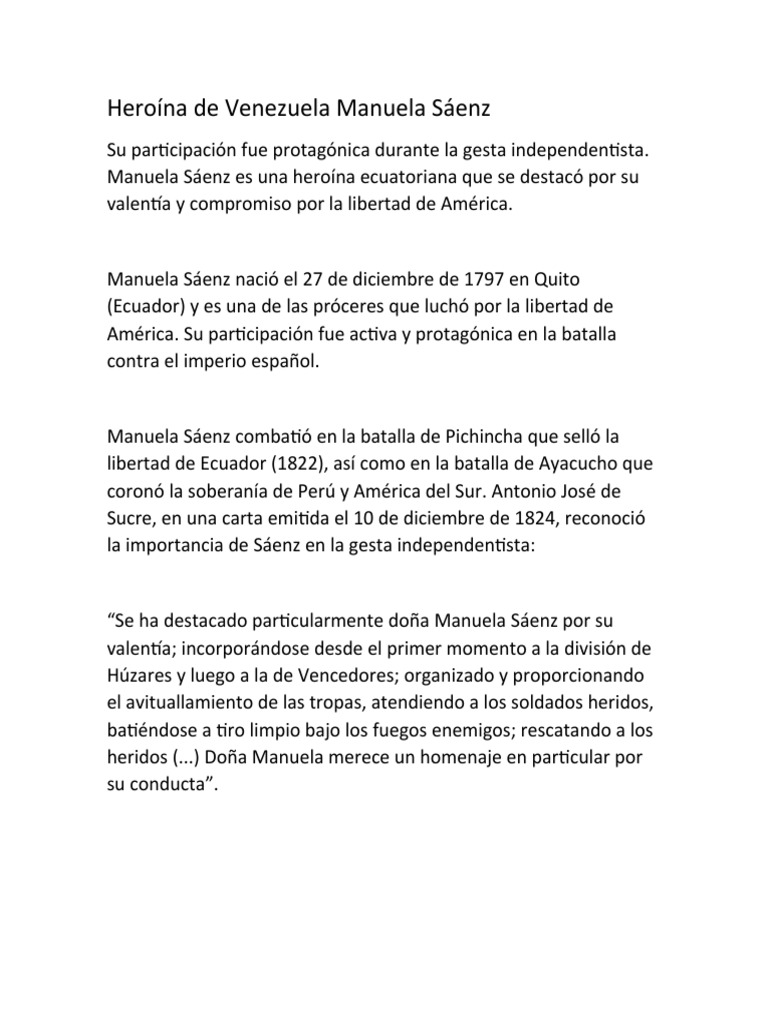 Heroína de Venezuela Manuela Sáenz | PDF