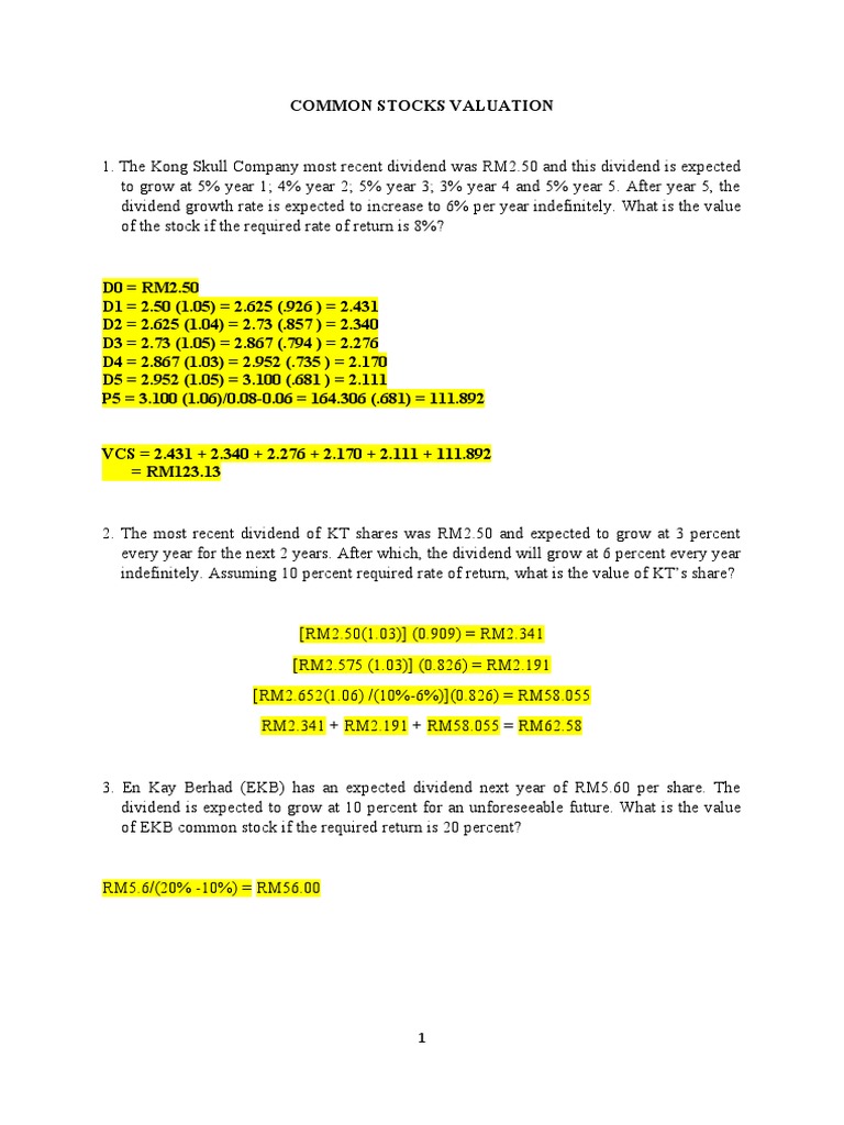 Exercises On Stock Valuation With Answers | PDF | Preferred Stock | Stocks